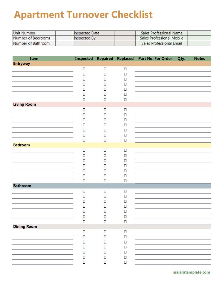 Printable Apartment Turnover Checklist Template