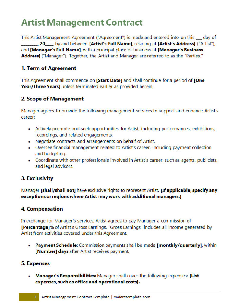 Artist Management Contract Template