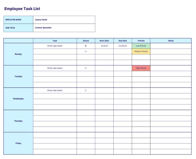 Printable Employee Task List Template
