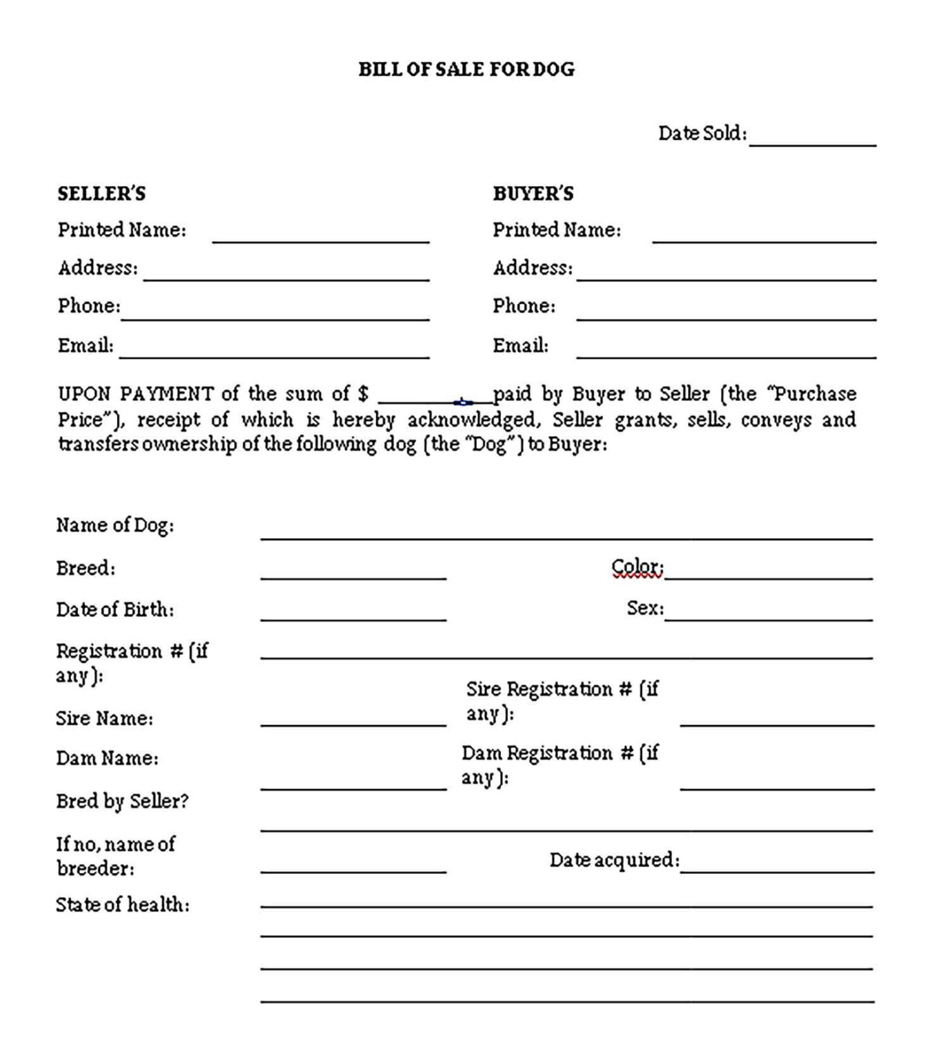 Customizable Dog Bill of Sale Template (Word)