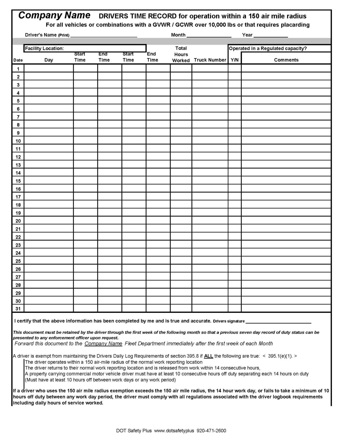 Printable Truck Driver Timesheet Template