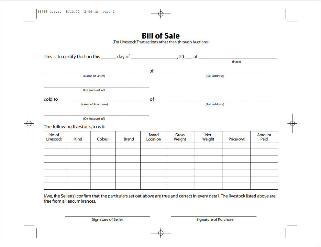 Printable Livestock Bill of Sale Template