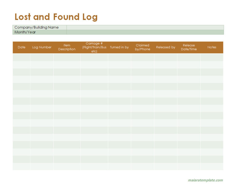 Printable Lost and Found Log Sheet Template
