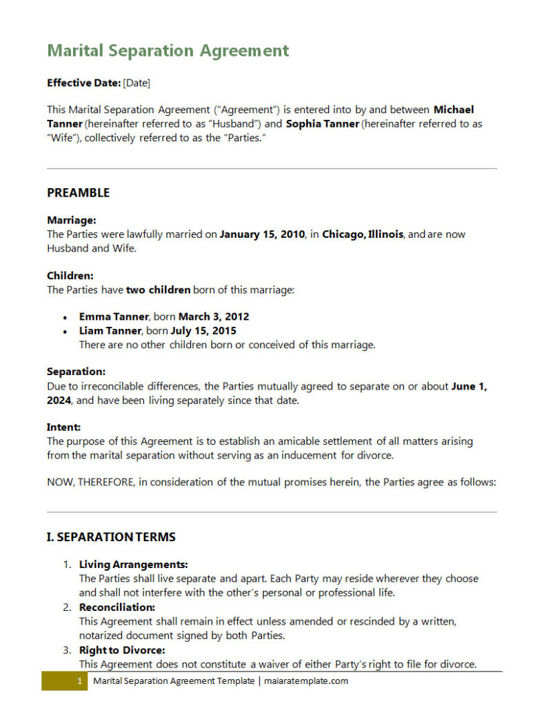 Marital Separation Agreement Template