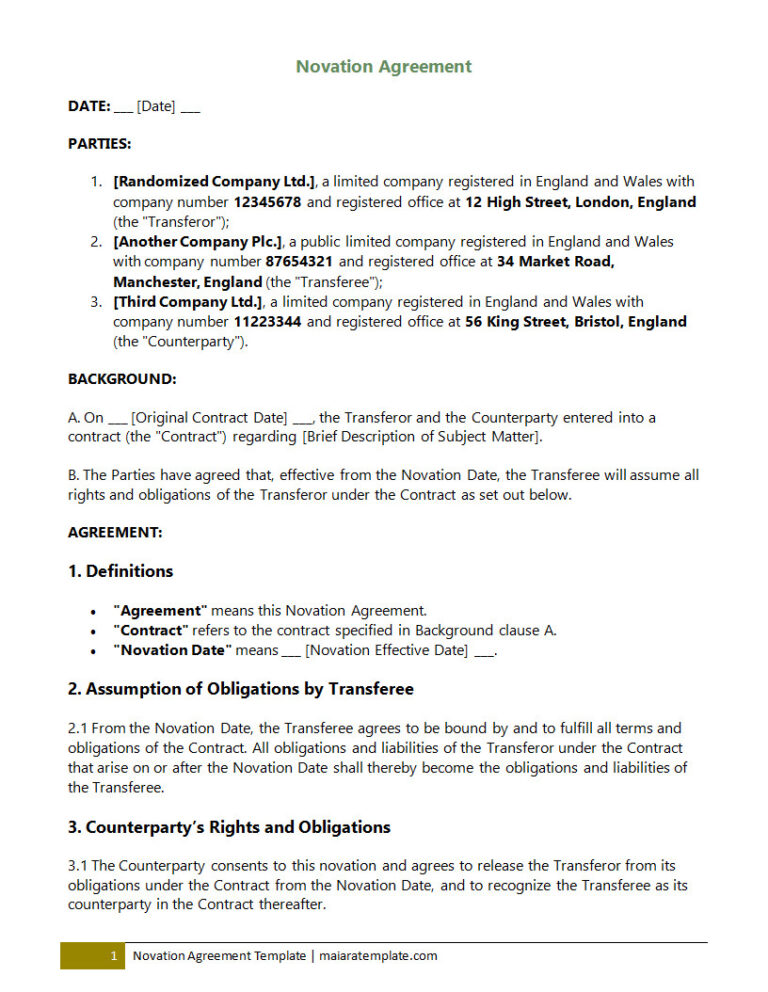 Novation Agreement Template (Word)