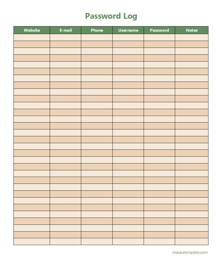 Free Printable Password Log Template