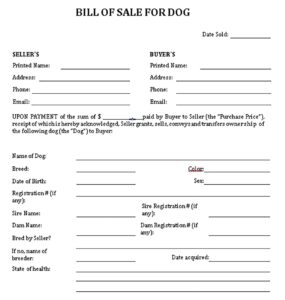 Customizable Dog Bill of Sale Template (Word)