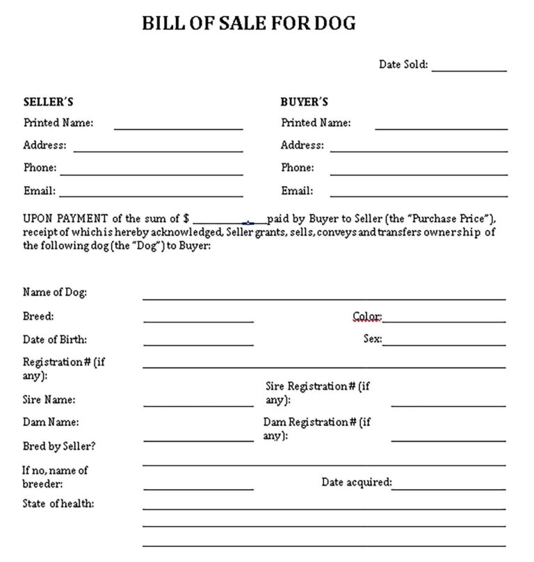 Customizable Dog Bill of Sale Template (Word)