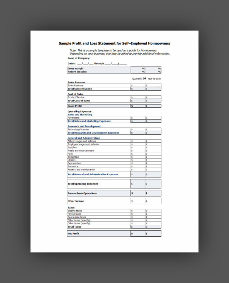 Profit and Loss Statement Template for Self-Employed