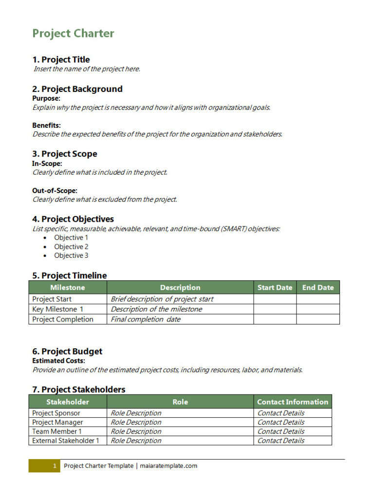 Printable Project Charter Template