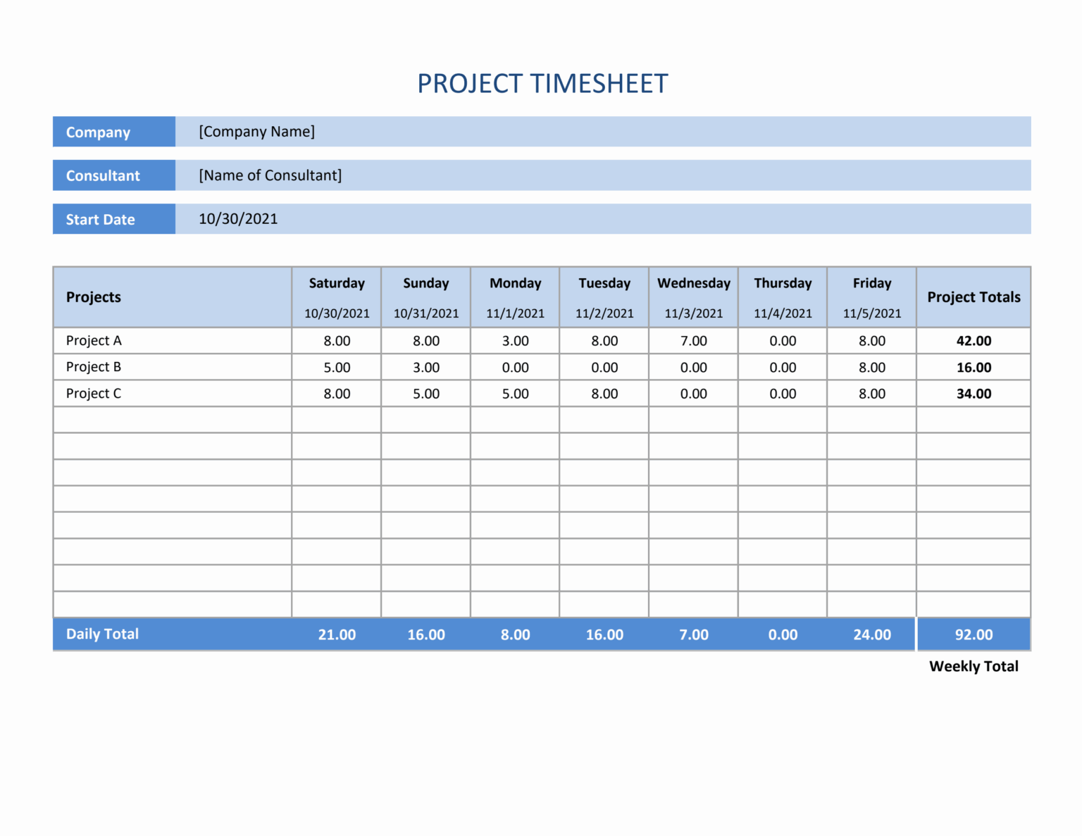 Free Printable Project Timesheet Template