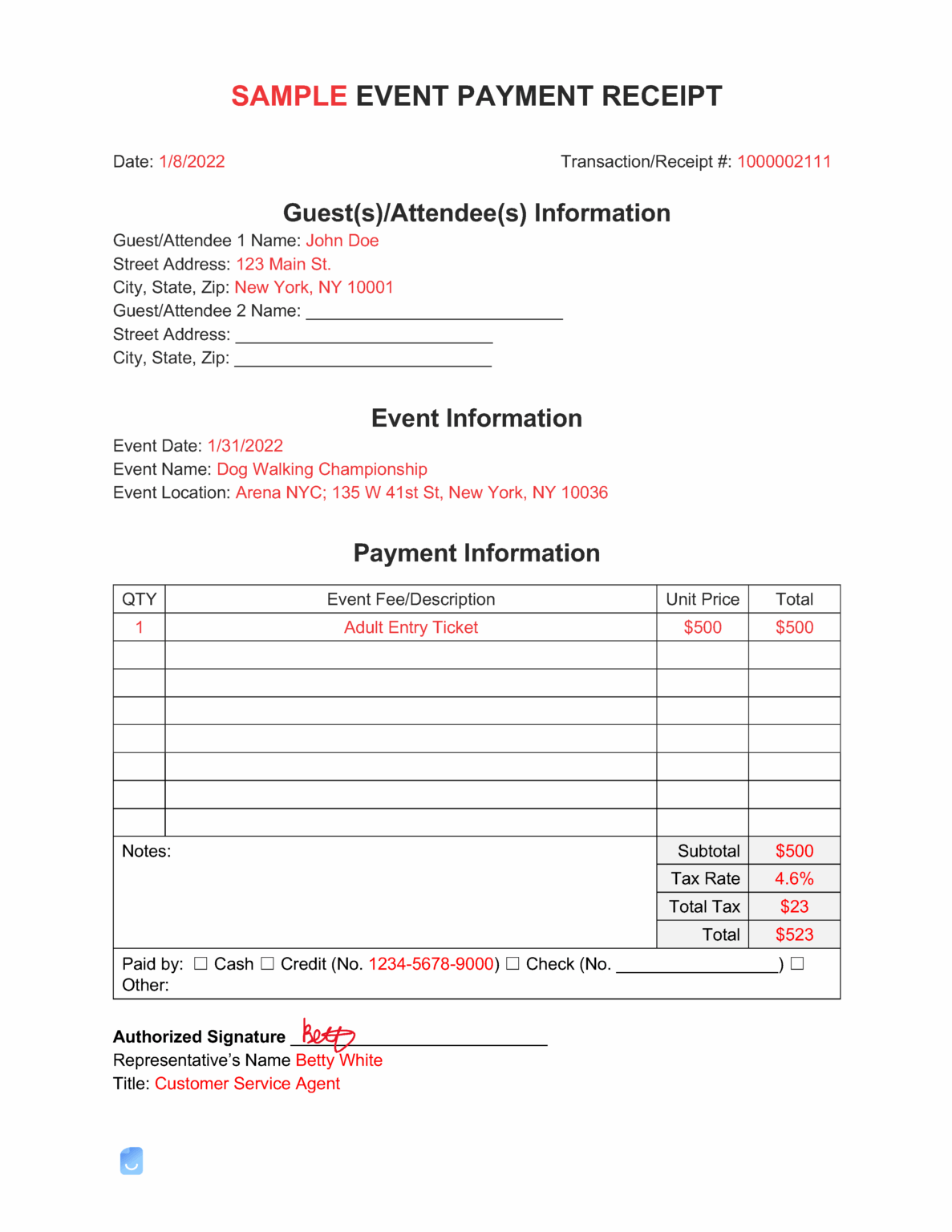 Printable Receipt Of Payment Template