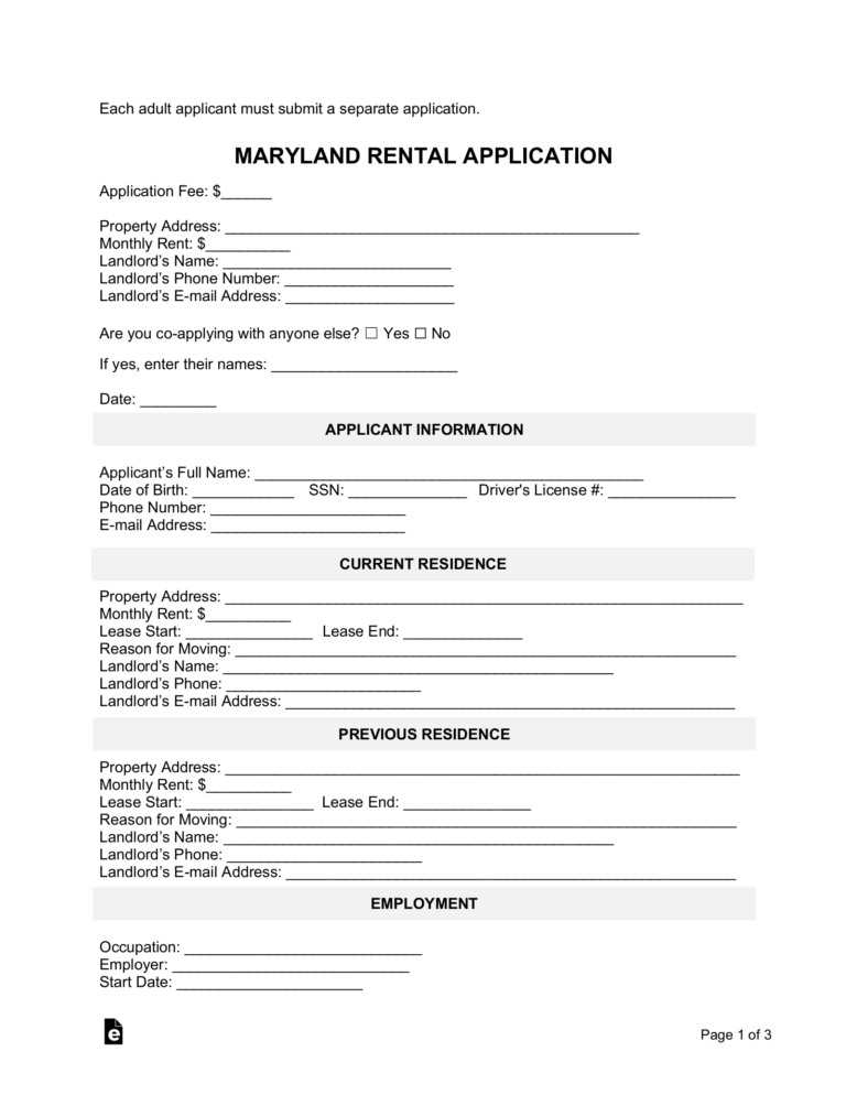 Free Printable Rental Application Template