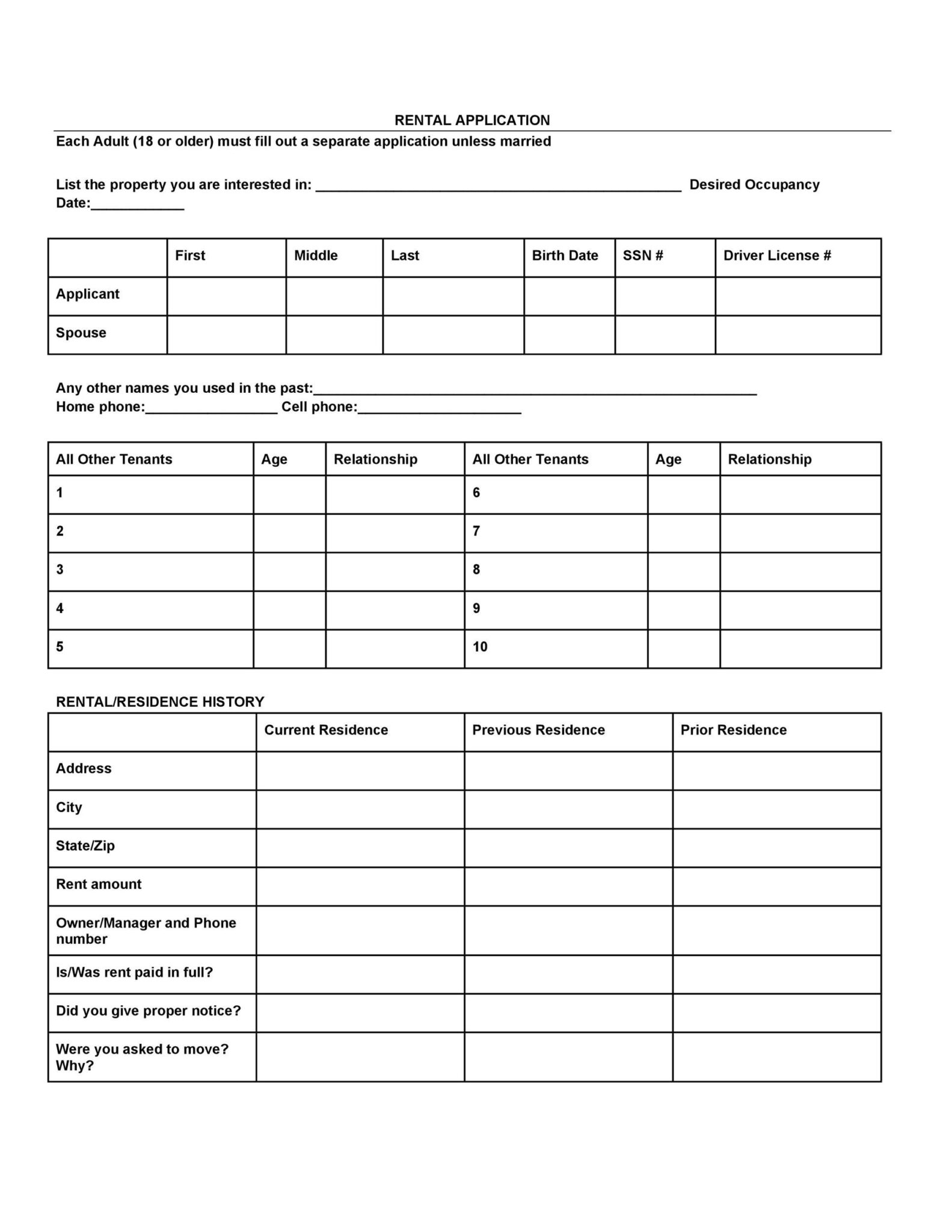 Free Printable Rental Application Template