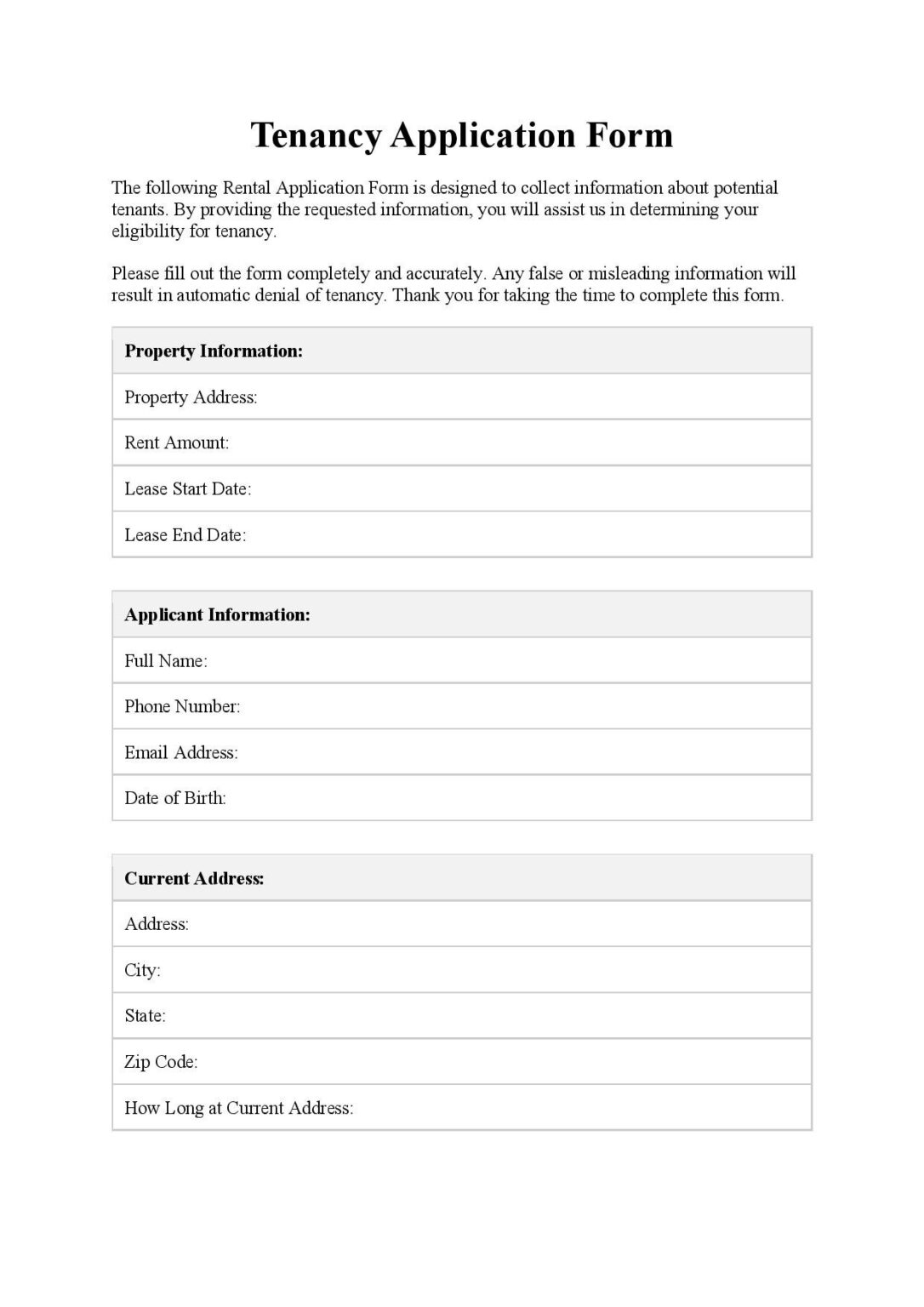 Free Printable Rental Application Template