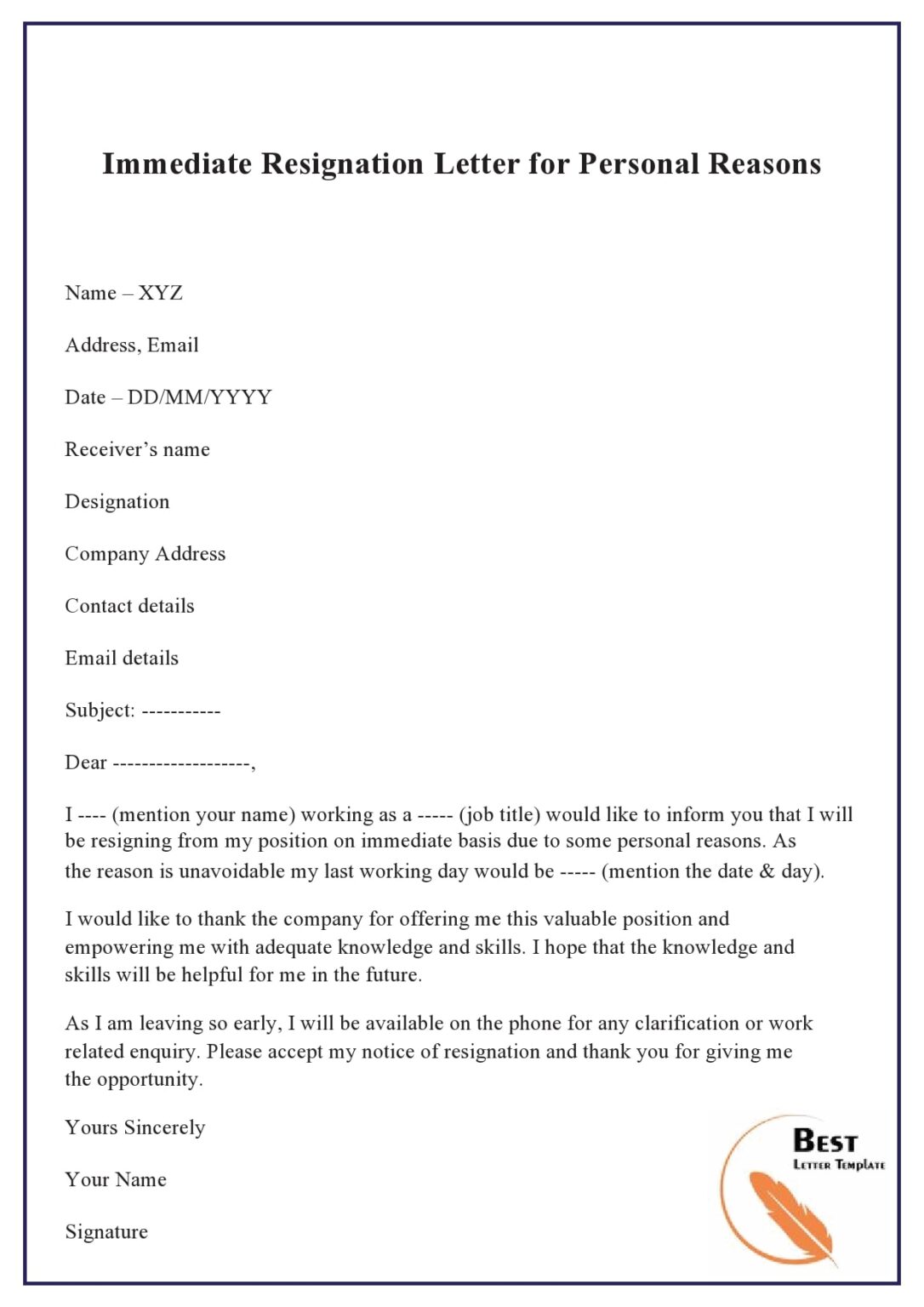 Resignation Letter Template without Notice