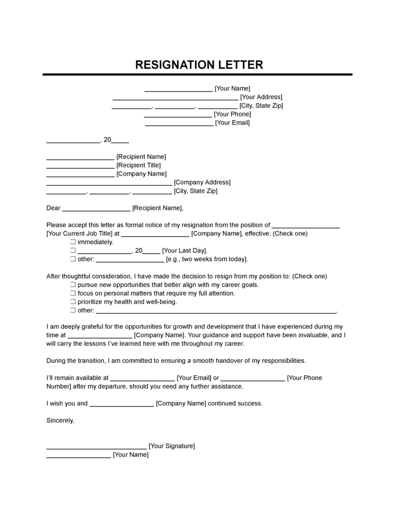 Resignation Letter Template without Notice