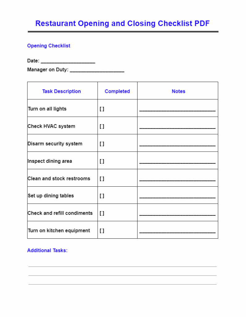 Restaurant Closing Checklist Template