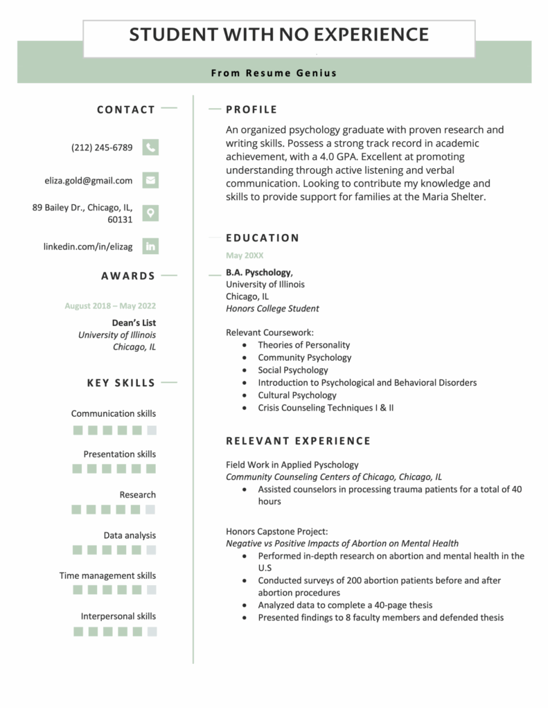 Resume With No Work Experience Template