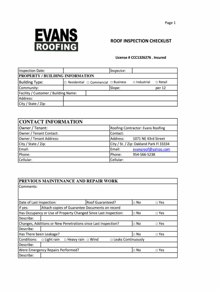 Free Printable Roofing Checklist Template
