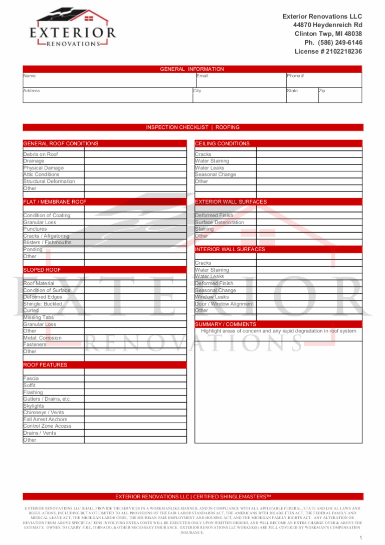 Free Printable Roofing Checklist Template