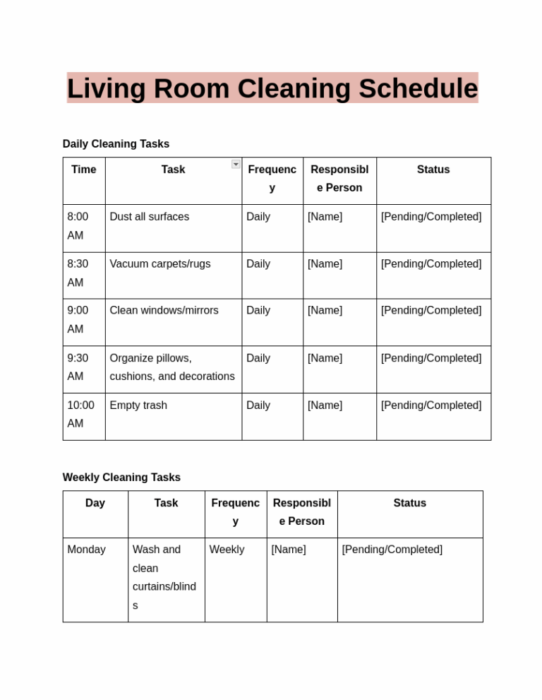 Printable Room Cleaning Checklist Template
