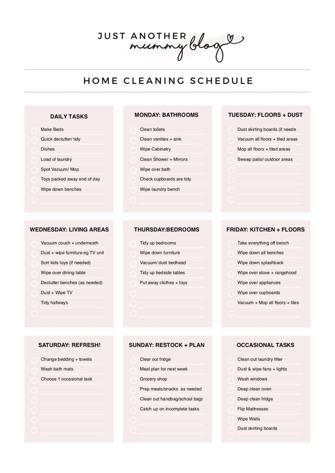 Printable Room Cleaning Checklist Template
