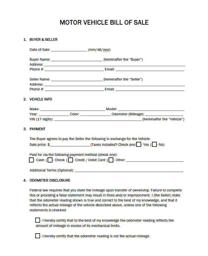 Used Car Bill of Sale Template (Word)