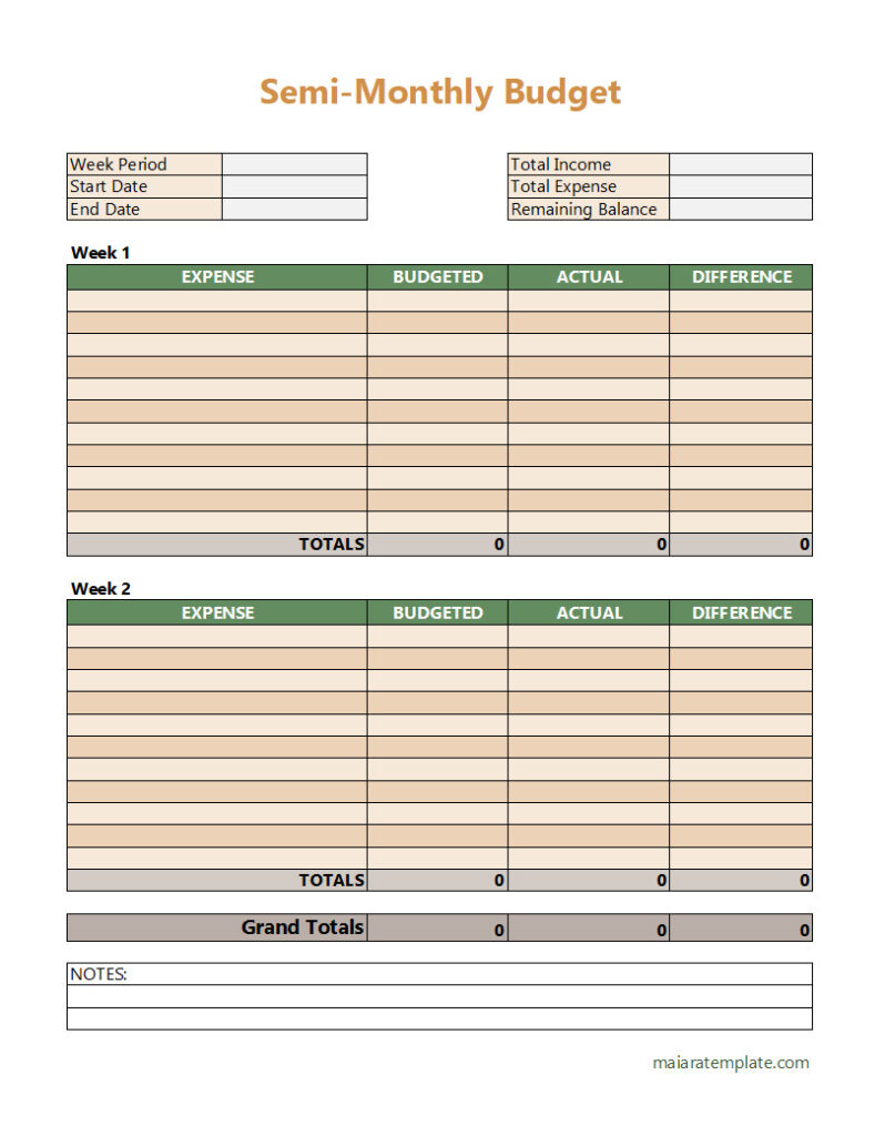 Printable Semi-monthly Budget Template