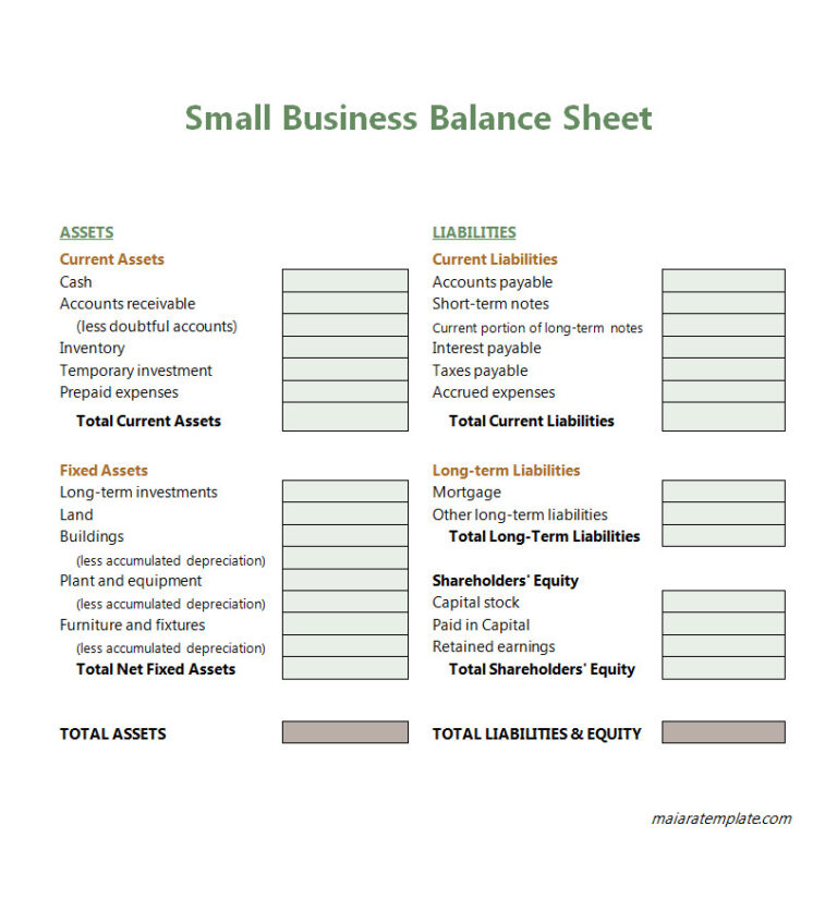 Small Business Balance Sheet Template