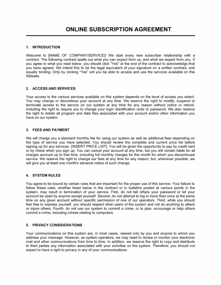 Subscription Agreement Template (Word)