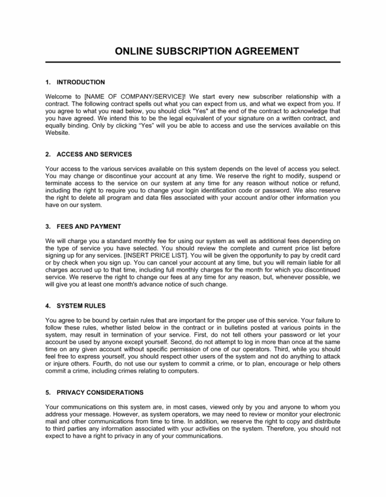 Subscription Agreement Template (Word)