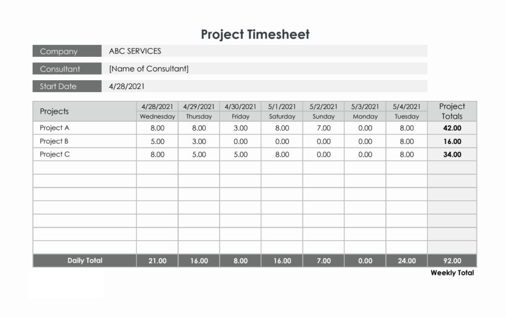Timesheet Template For Multiple Projects