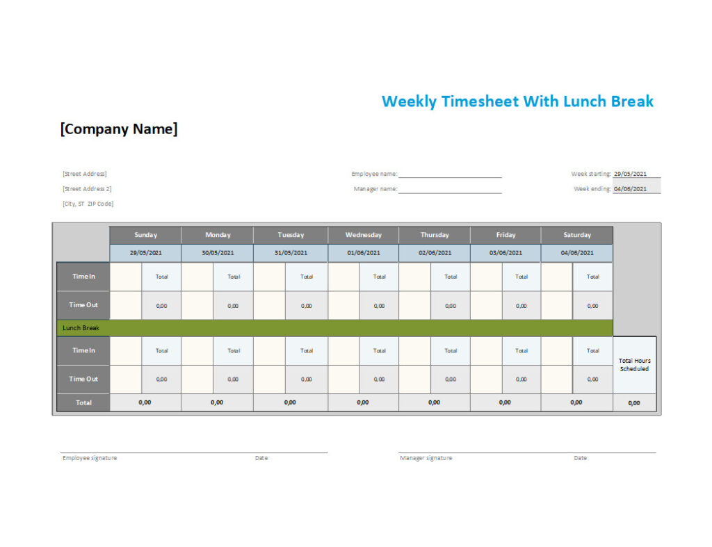 Timesheet Template With Lunch Break