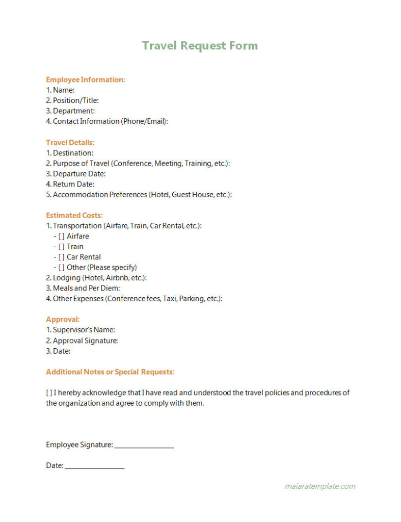 Printable Travel Request Form Template (Word)