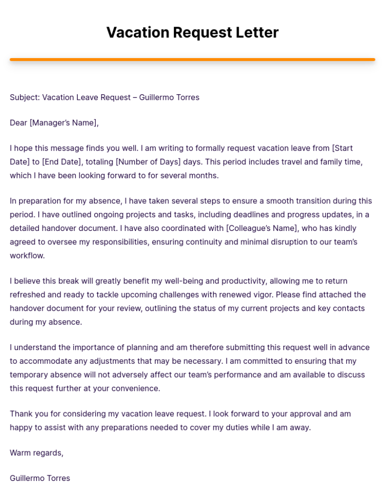 Vacation Request Letter Template (Word)