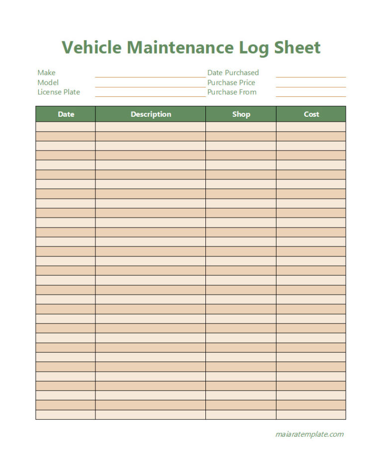 Printable Vehicle Maintenance Log Template