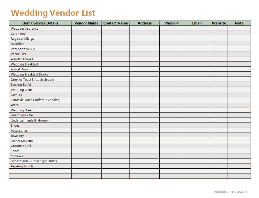Free Printable Wedding Vendor List Template