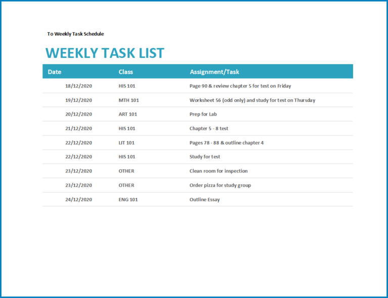 Free Printable Weekly Task List Template
