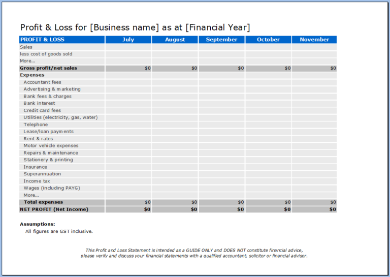 Year-to-date Profit And Loss Statement Template